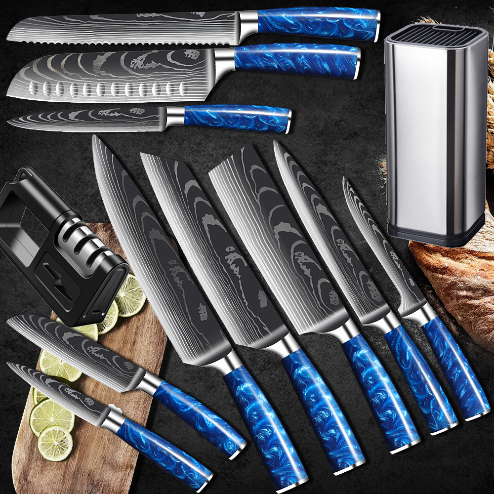 Japanese Laser Damascus Pattern Blue Kitchen Knife Set & Scabbard