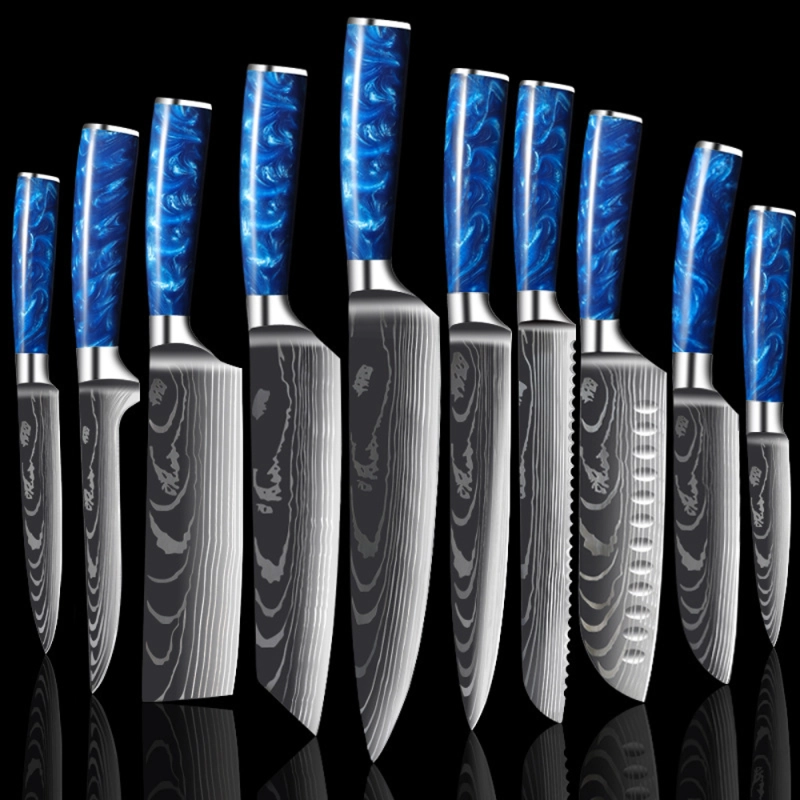 Japanese Laser Damascus Pattern Blue Kitchen Knife Set & Scabbard