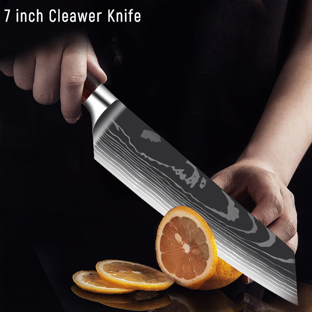 Japanese Laser Damascus Pattern Red Kitchen Knife Set & Scabbard