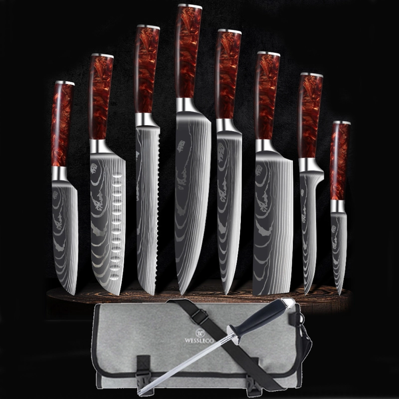 Japanese Laser Damascus Pattern Red Kitchen Knife Set & Scabbard
