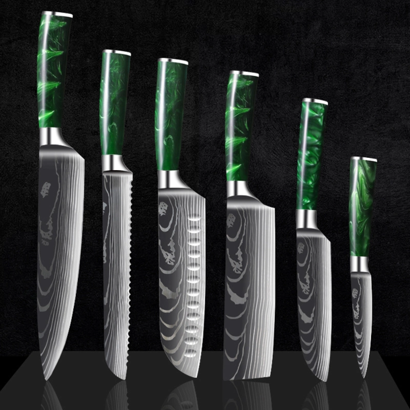 Japanese Laser Damascus Pattern Green Kitchen Knife Set & Scabbard