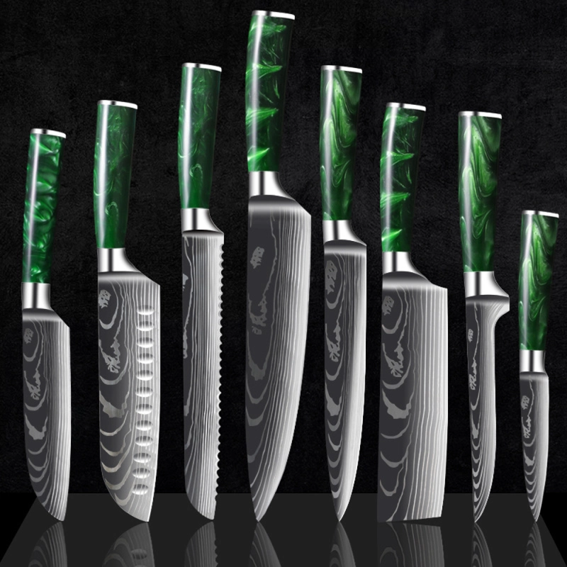 Japanese Laser Damascus Pattern Green Kitchen Knife Set & Scabbard