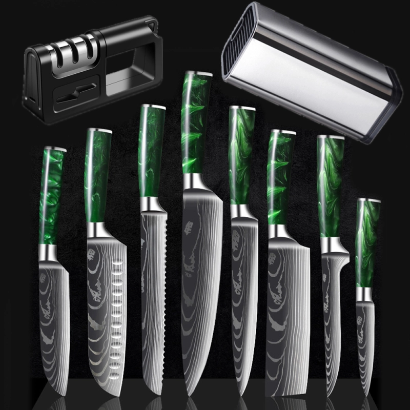 Japanese Laser Damascus Pattern Green Kitchen Knife Set & Scabbard