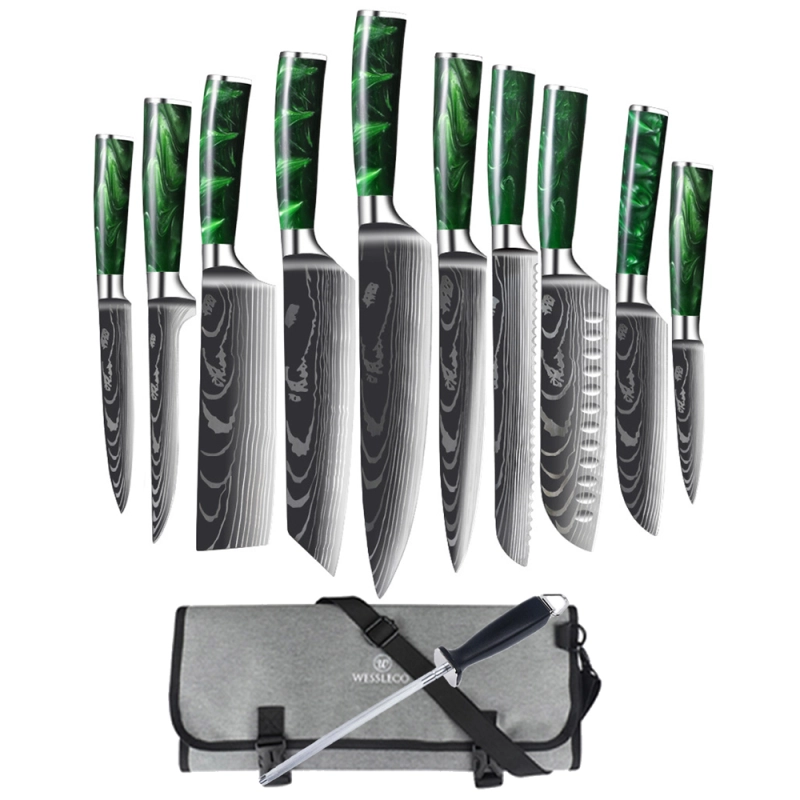 Japanese Laser Damascus Pattern Green Kitchen Knife Set & Scabbard
