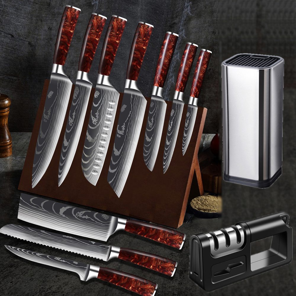 Japanese Laser Damascus Pattern Red Kitchen Knife Set & Scabbard