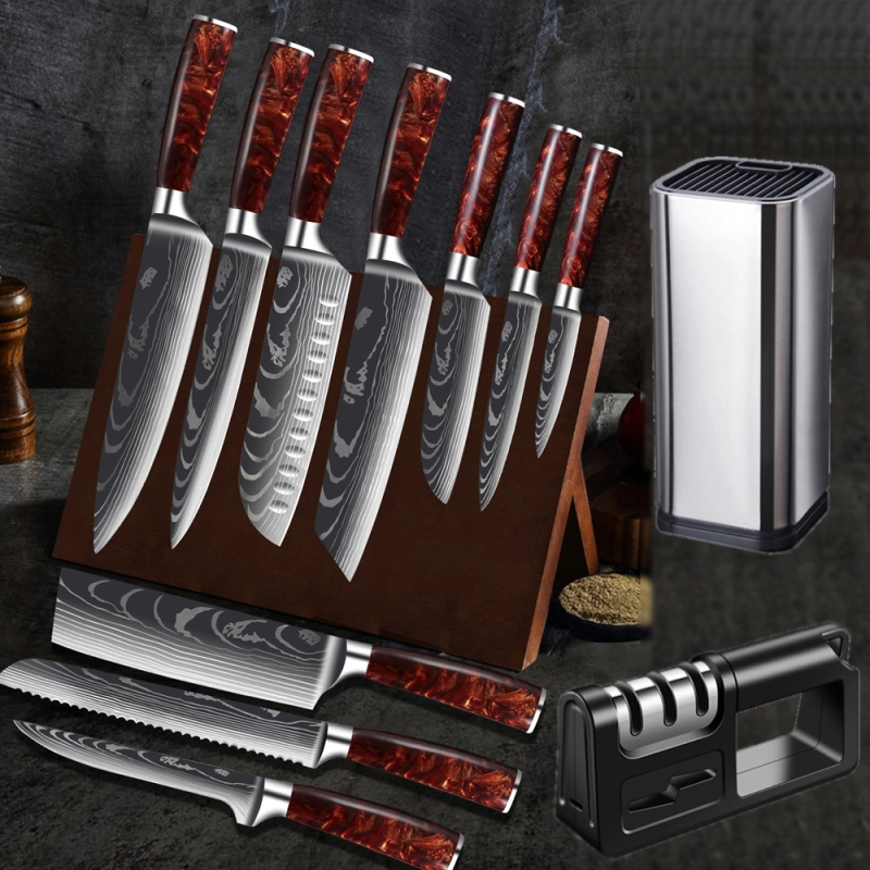Japanese Laser Damascus Pattern Red Kitchen Knife Set & Scabbard
