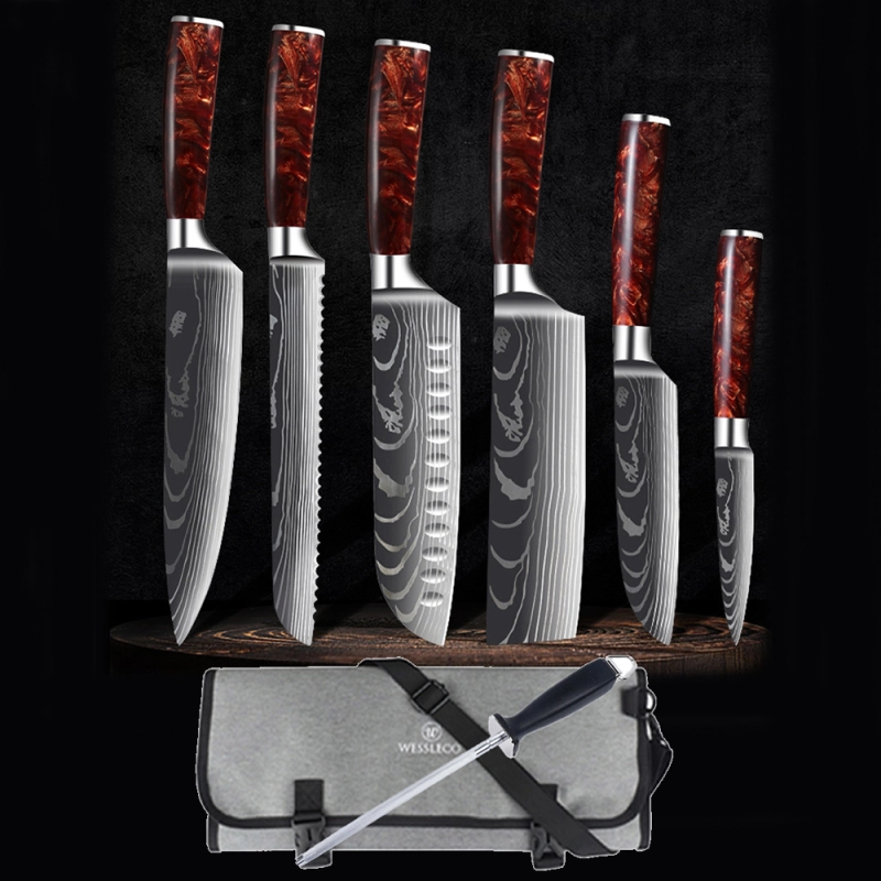 Japanese Laser Damascus Pattern Red Kitchen Knife Set & Scabbard