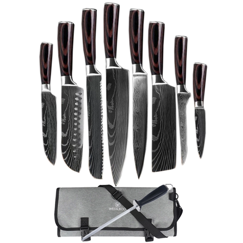 Japanese Laser Damascus Pattern Wooden Kitchen Knife Set & Scabbard