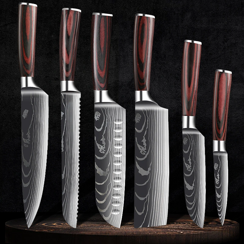 Japanese Laser Damascus Pattern Wooden Kitchen Knife Set & Scabbard