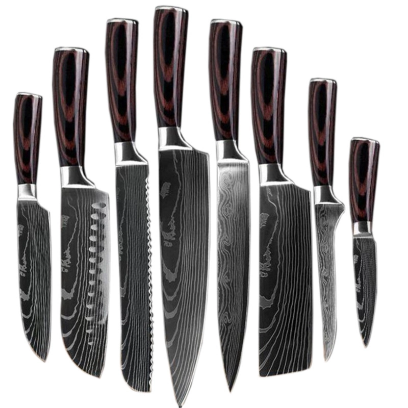 Japanese Laser Damascus Pattern Wooden Kitchen Knife Set & Scabbard
