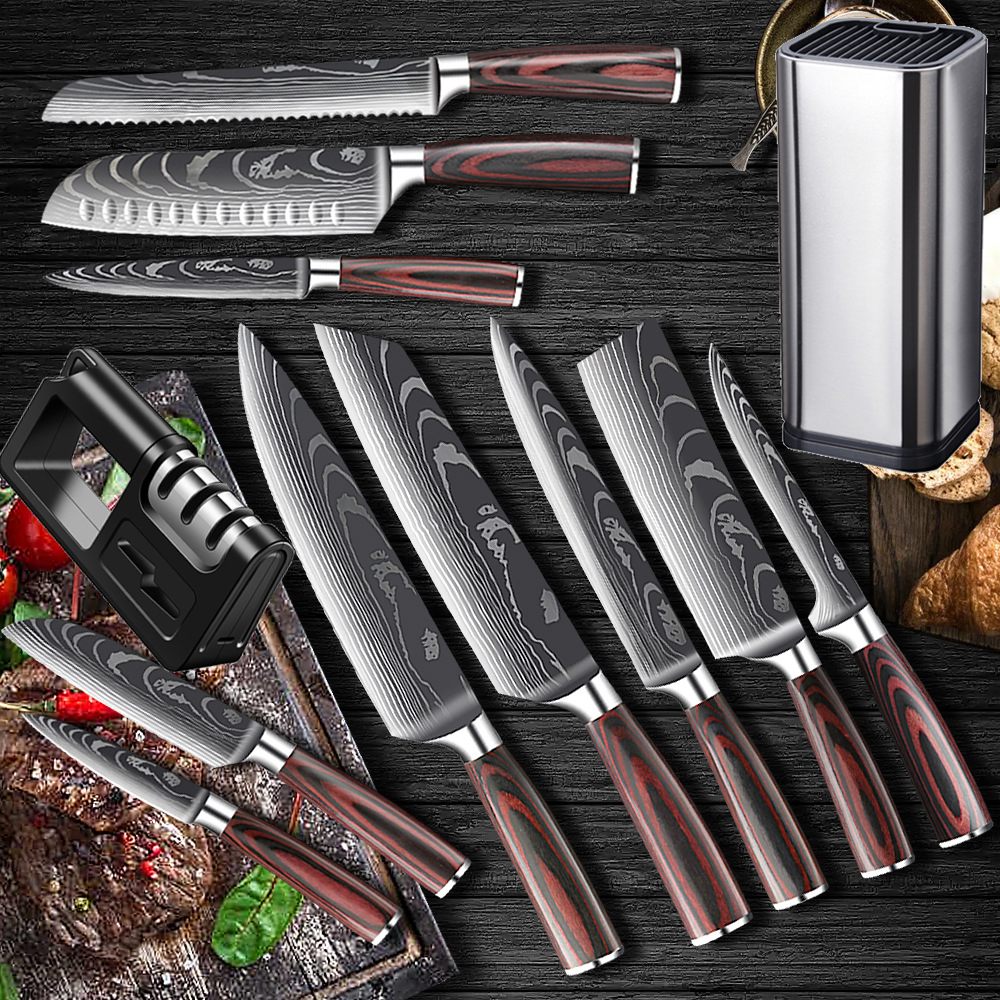 Japanese Laser Damascus Pattern Wooden Kitchen Knife Set & Scabbard