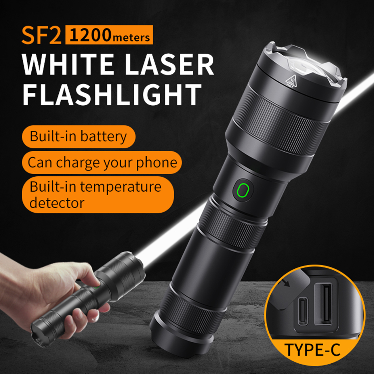 SF2 White Laser LEP Flashlight Range 1,200 meters 5 Switch Modes