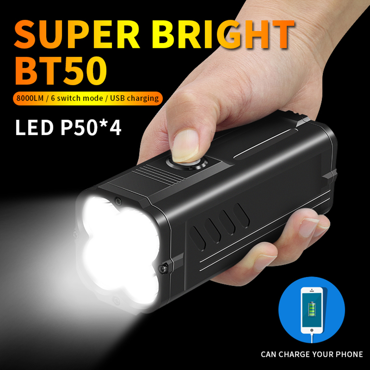 BT50 Tactical Flashlight 80W 8,000 Lumens 4x P50 LED