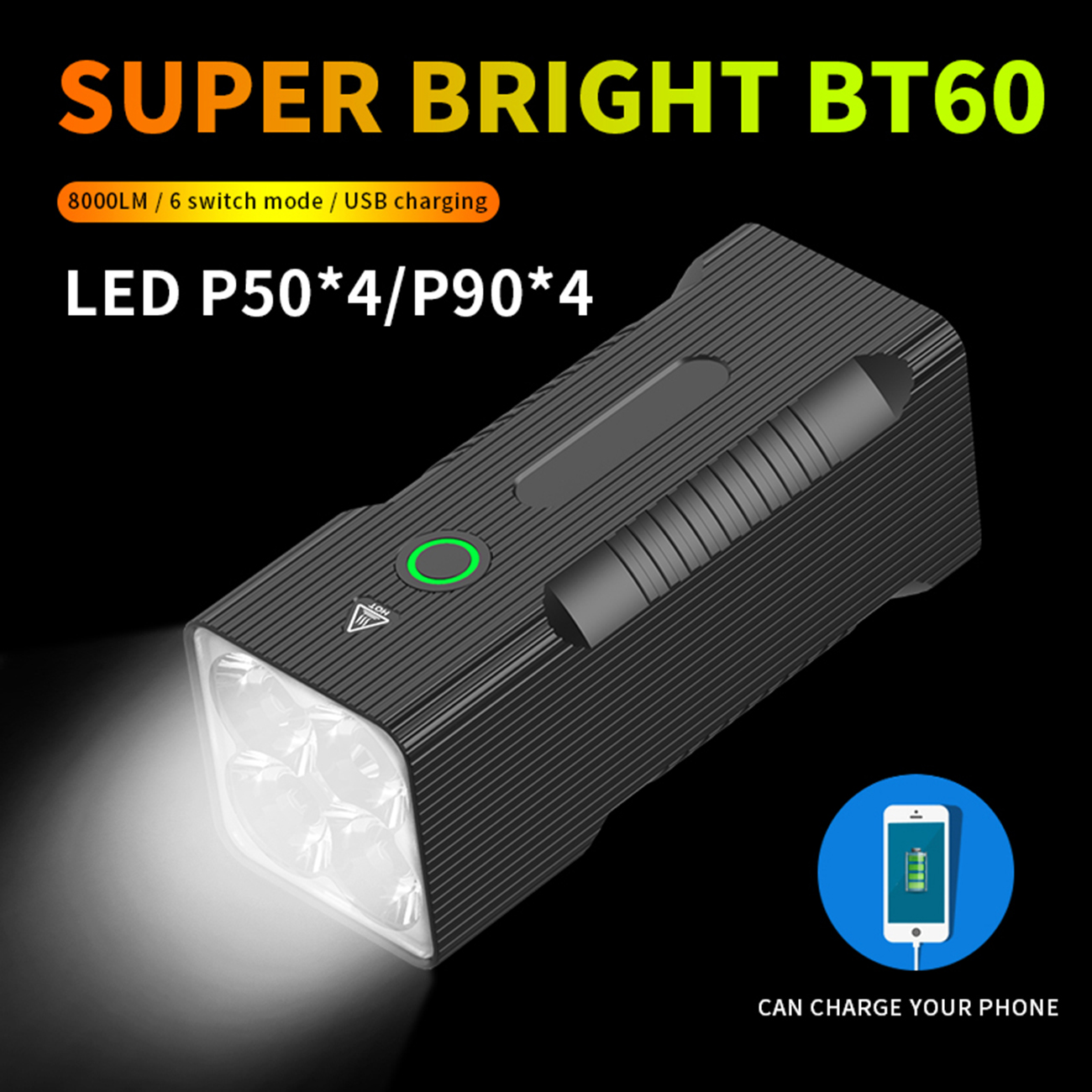 BT60 Tactical Flashlight 80W 8,000 Lumens 4x P50/P90 LED