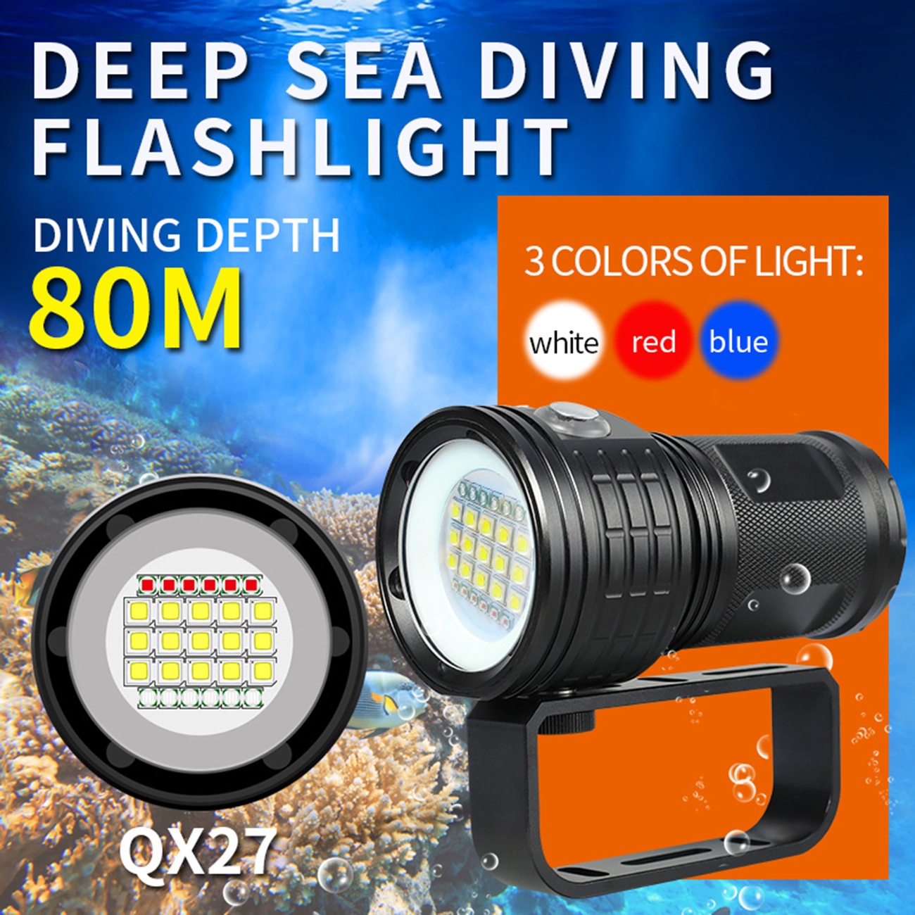QX27 300W Photography Fill Light Diving Flashlight White Red Blue Light ...