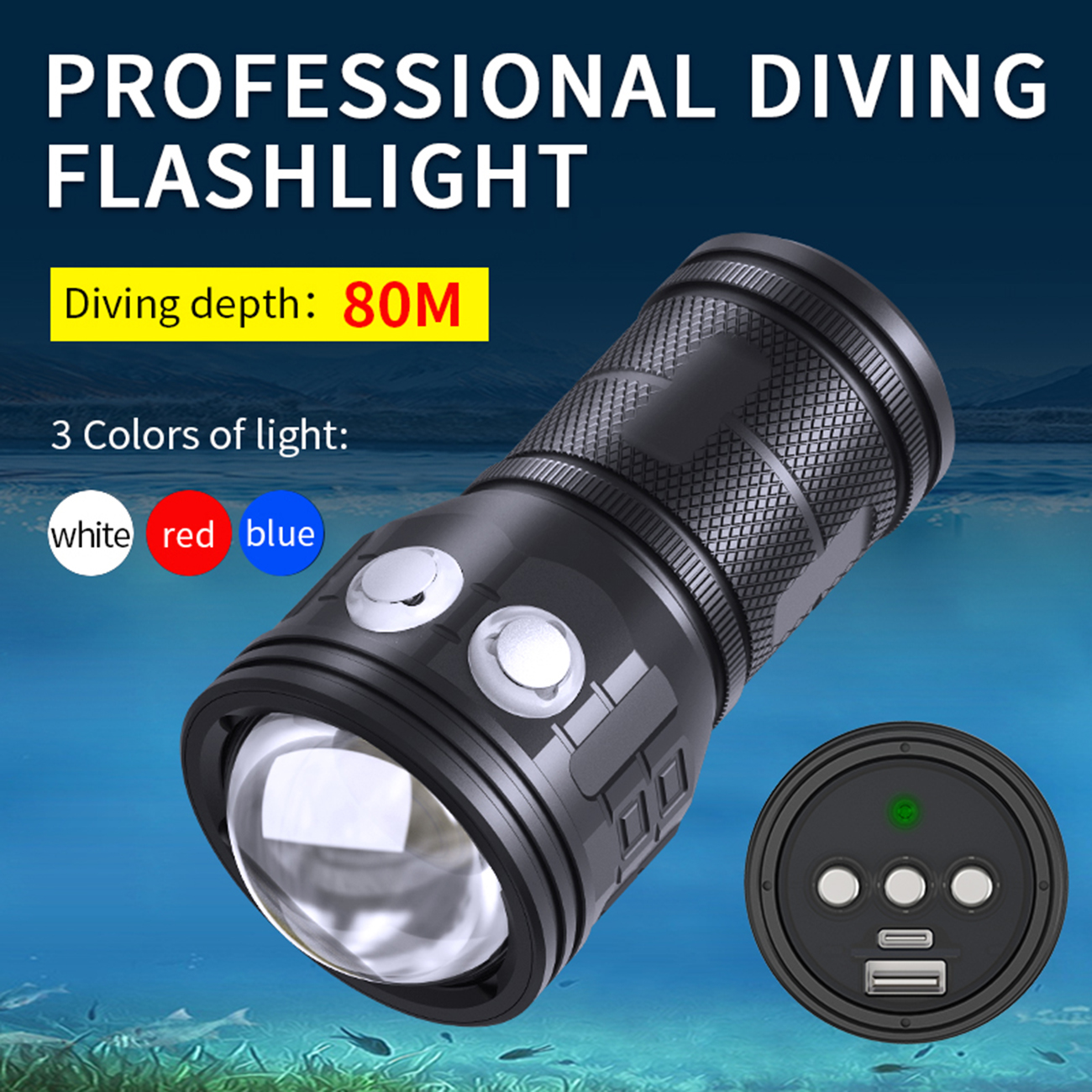 QX4 80W Photography Fill Light Diving Flashlight 3 Colors IPX8 Diving ...