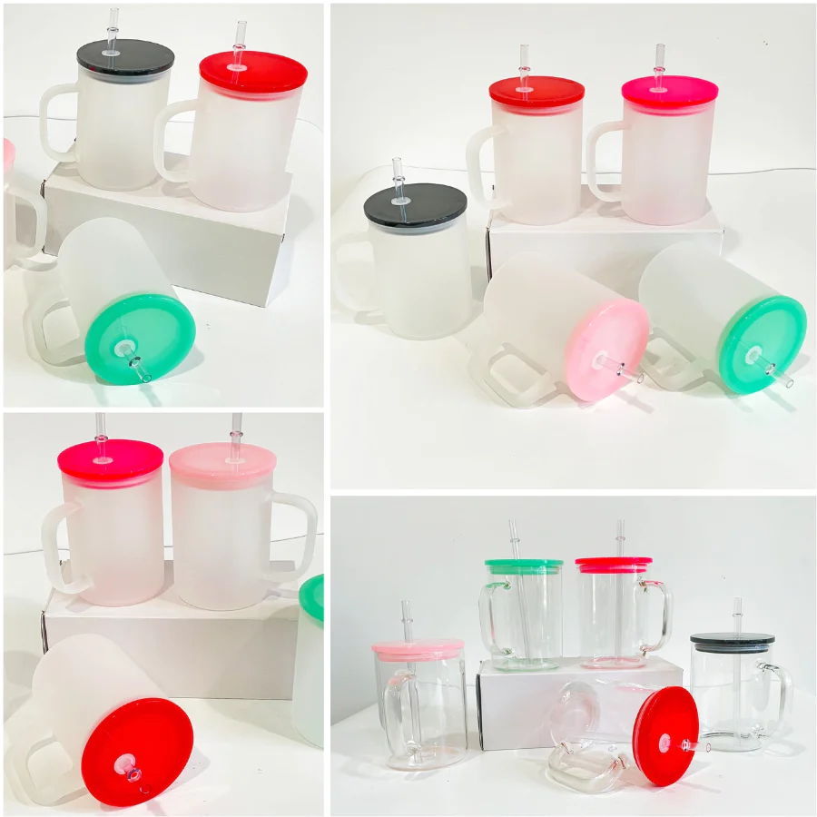 17oz clear/frosted blank sublimation Glass mugs with colorful PP lids