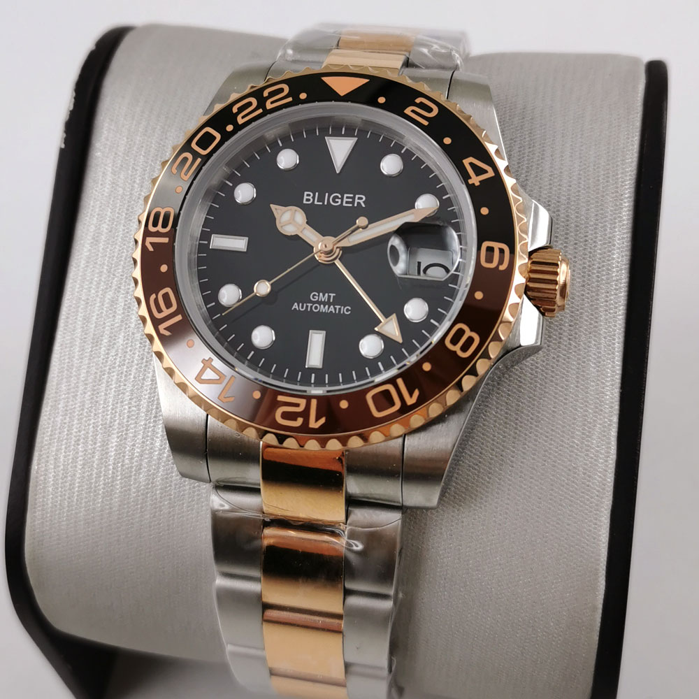 40mm Bliger Two tone men's watch Ceramic Bezel Sapphire Glass GMT ...