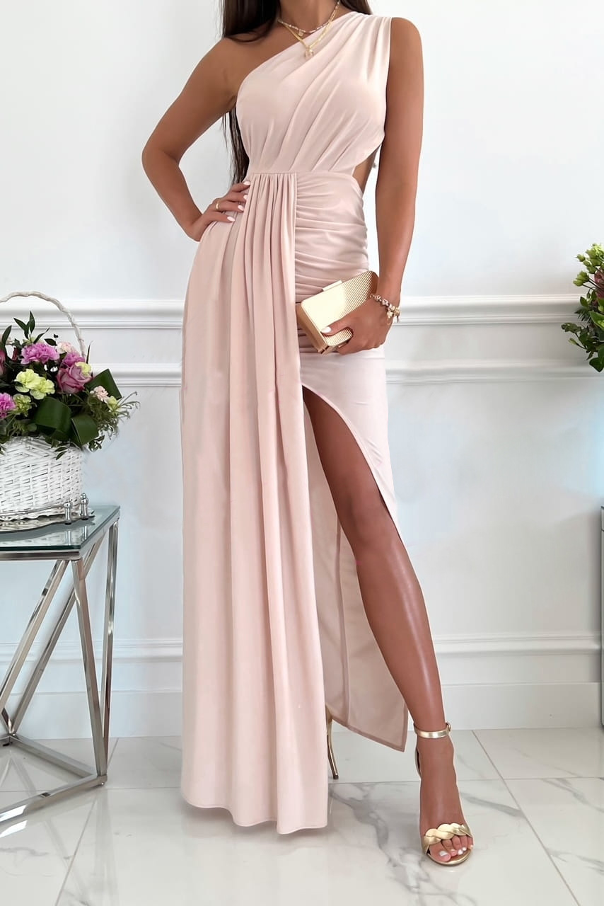 Sleeveless diagonal shoulder cut-out split dress