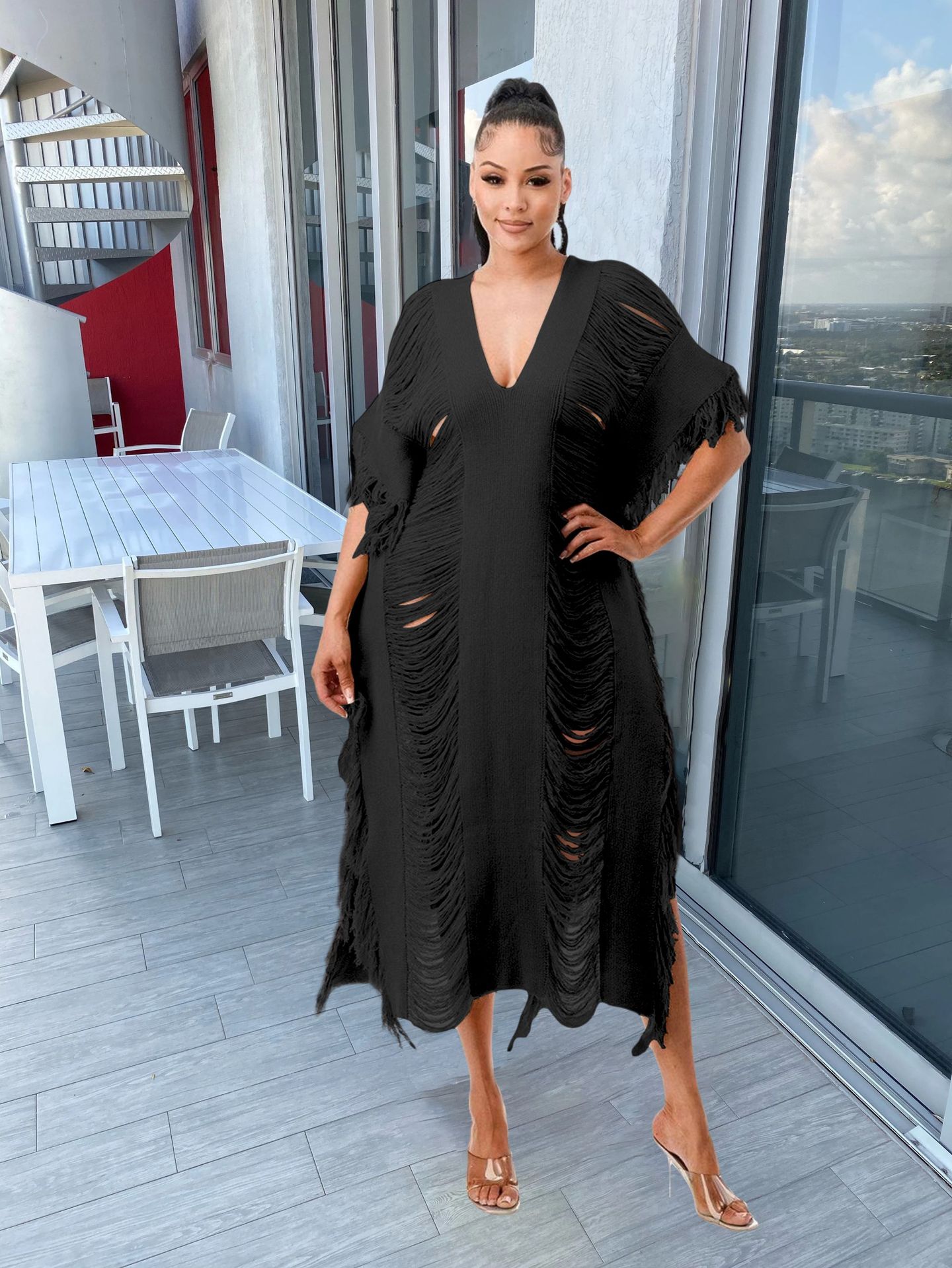 Hand knitted see through tassel long dress