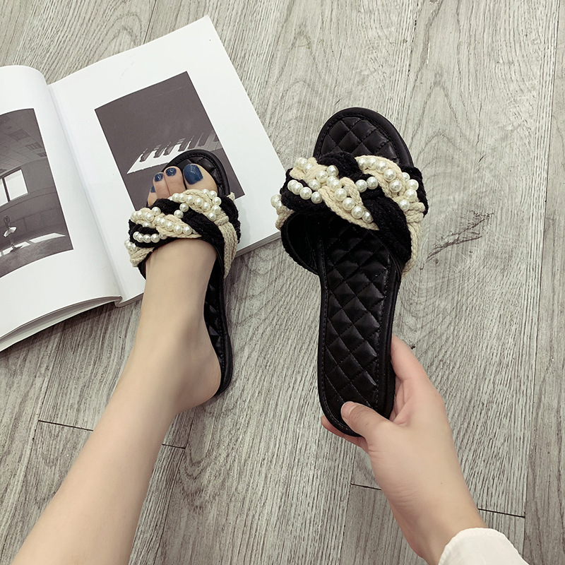 Twisted rope pearl flat bottom rhombus slippers