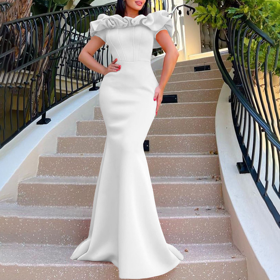 Off shoulder pleated fishtail dress