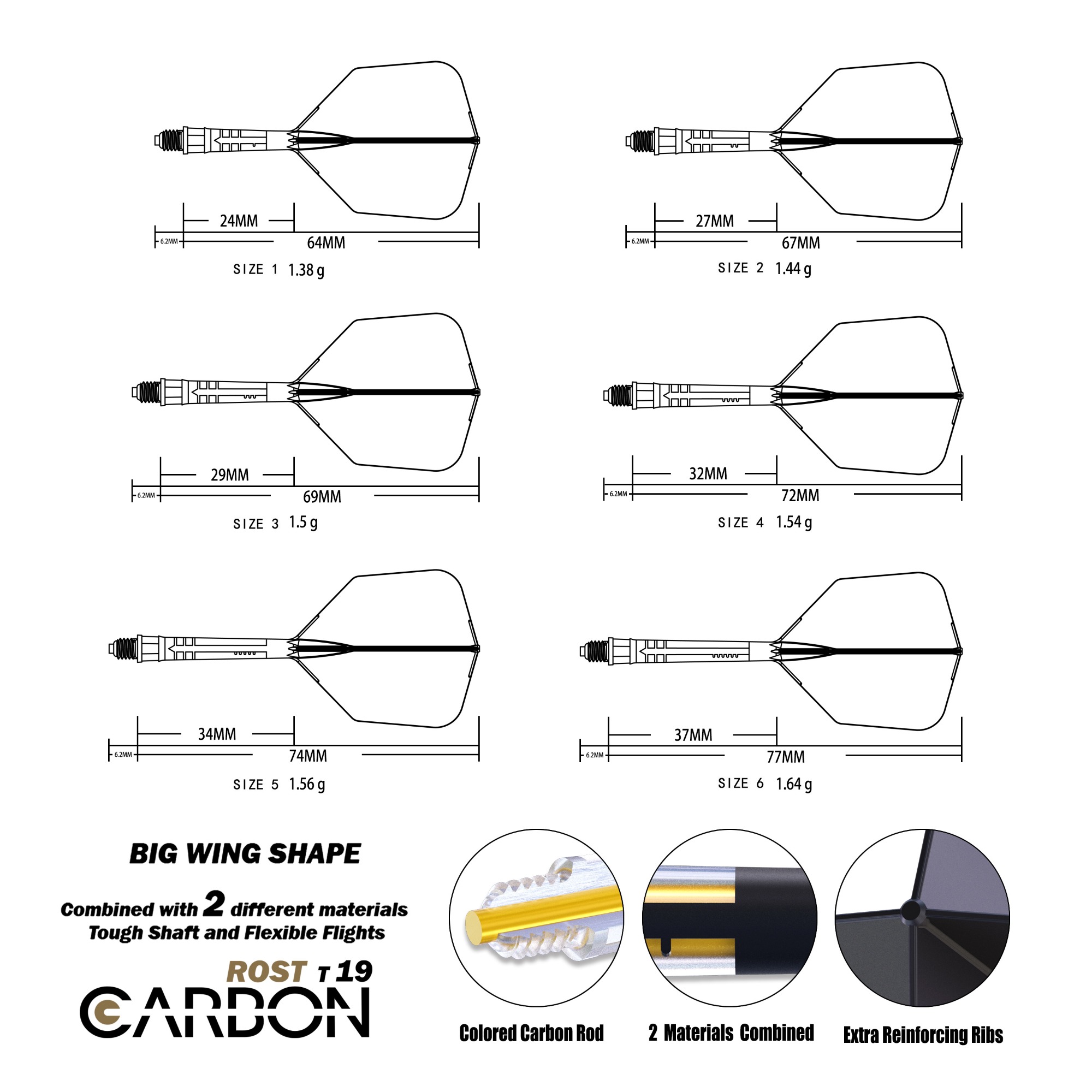CUESOUL ROST T19 Carbon Integrated Dart Shaft and Flight Big Wing Shape ...