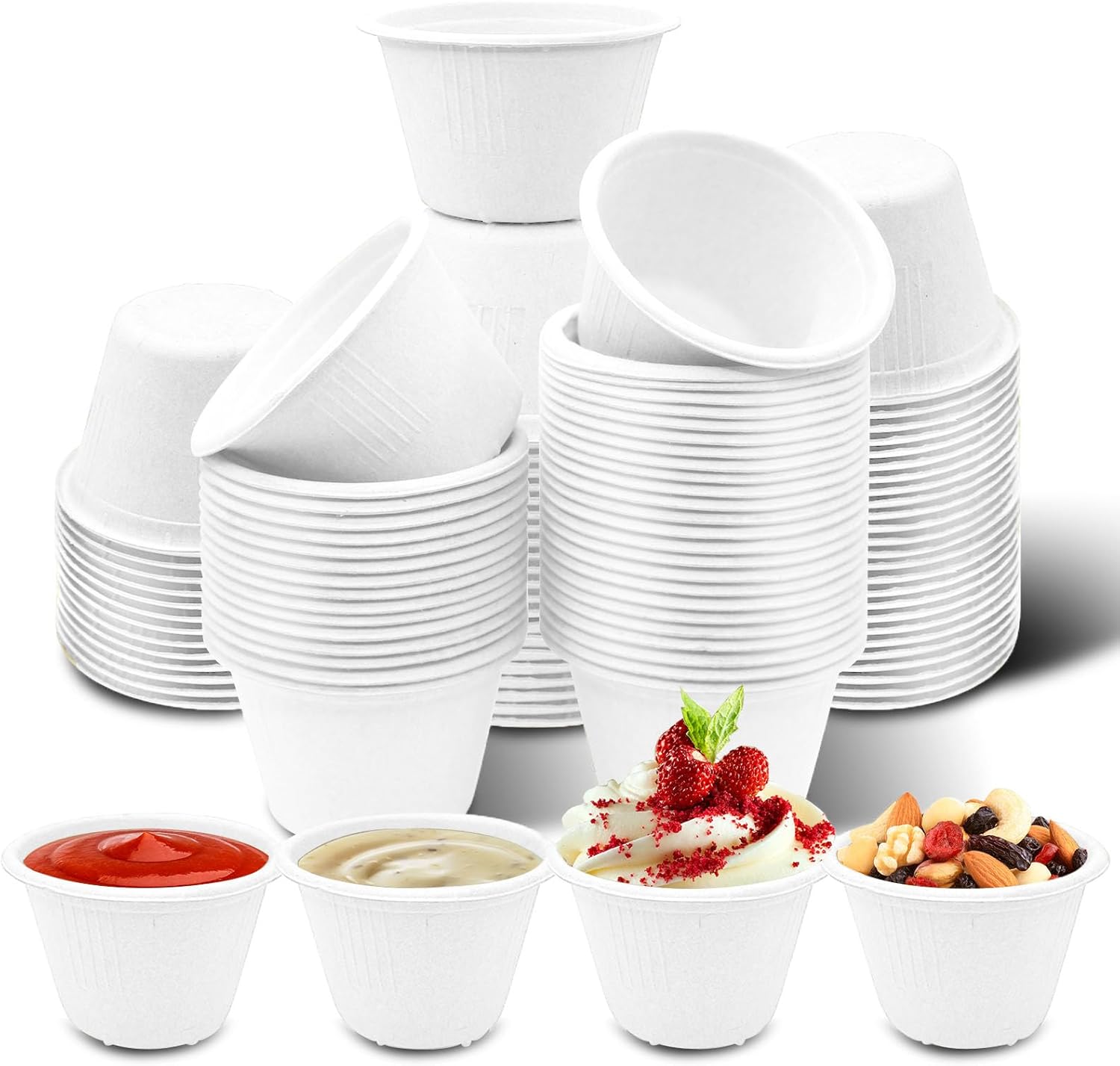 China Factory Biodegradable Bagasse 2oz 4oz Sauce Pot with Lid Bulk Supply