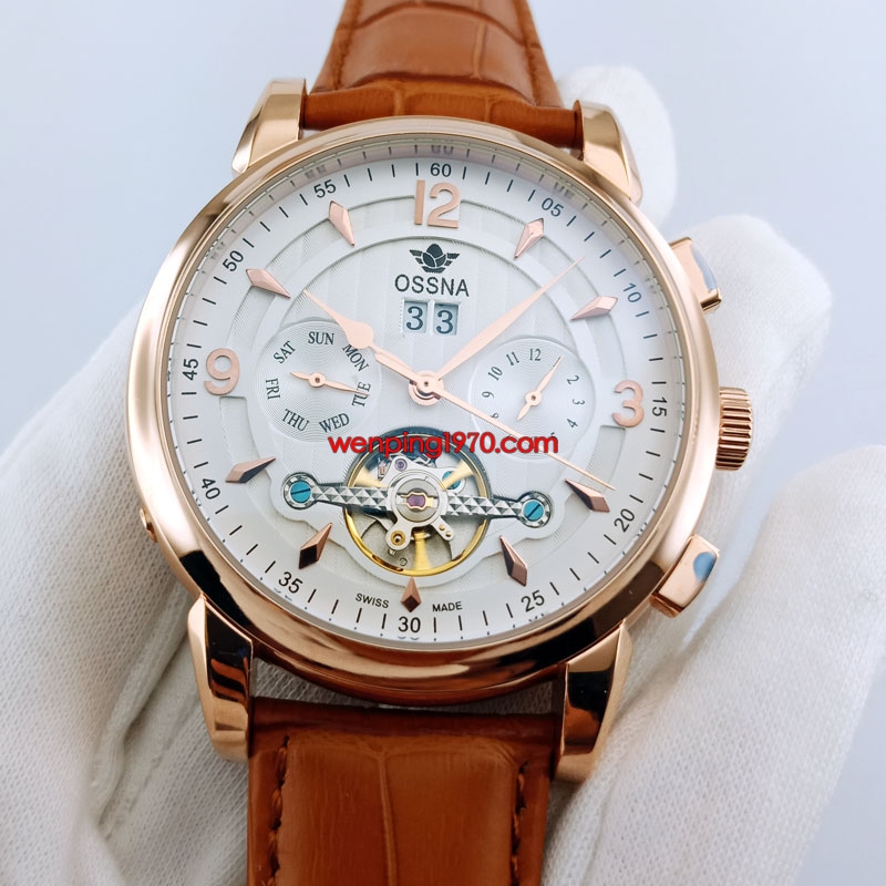 Ossna 42mm Rose Gold Case Silver Dial Moon Phase Automatic Date&day ...