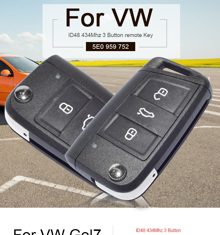 AK001069 for VW Skoda Octavia FABIA Flip Key 3 Button 434MHz ID48 5E0 ...