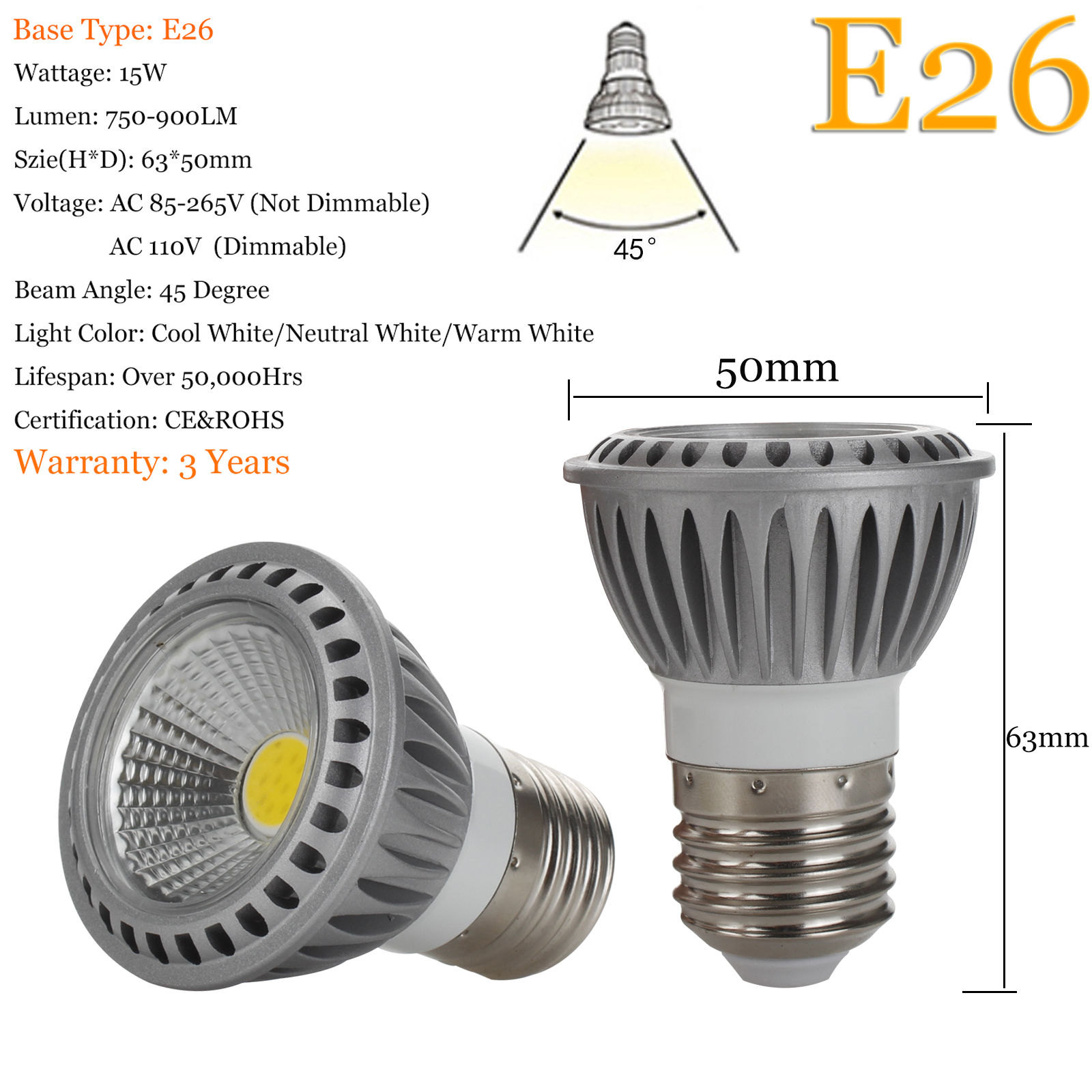 Dimmable LED Bulb Spotlight E27 E26 GU10 MR16 15W COB Lamp 110V 220V ...