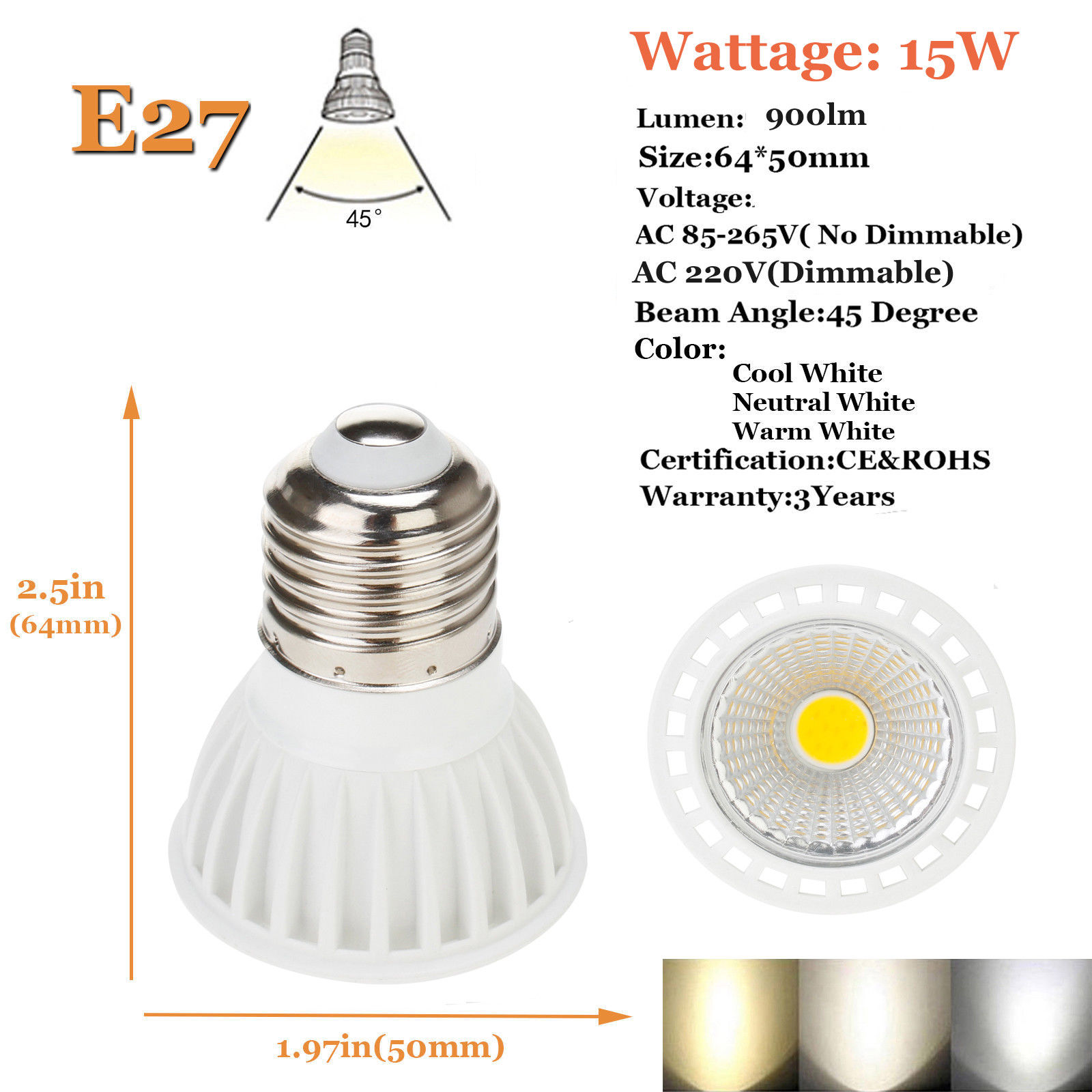 15W Dimmable LED Bulbs Spotlights E27 E26 MR16 GU10 110V 220V 12V 50W ...