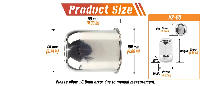 3.74in Push Through Stainless Steel Trailer Center Caps and 1/2-20 Lug ...