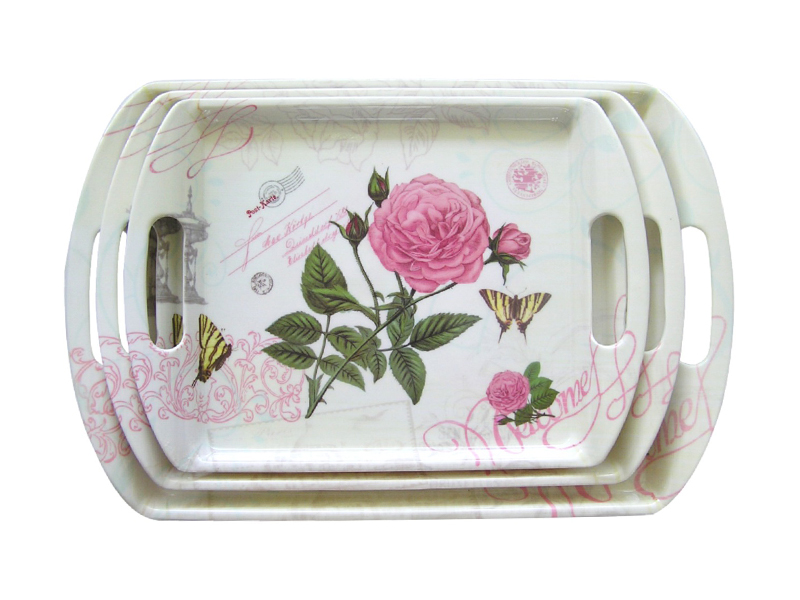 hot selling melamine food serving tray with rose and handle