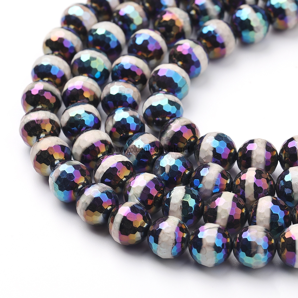 Rainbow Plated Black Agate White Line Faceted Rounds