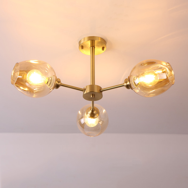 Modern Style 3 Light Semi-Flush Mount Ceiling Lamp in Brass with Hand ...