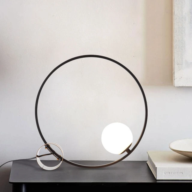 Modern Simple Black 1 Light Circle Table Lamp with Brass Base and Glass ...