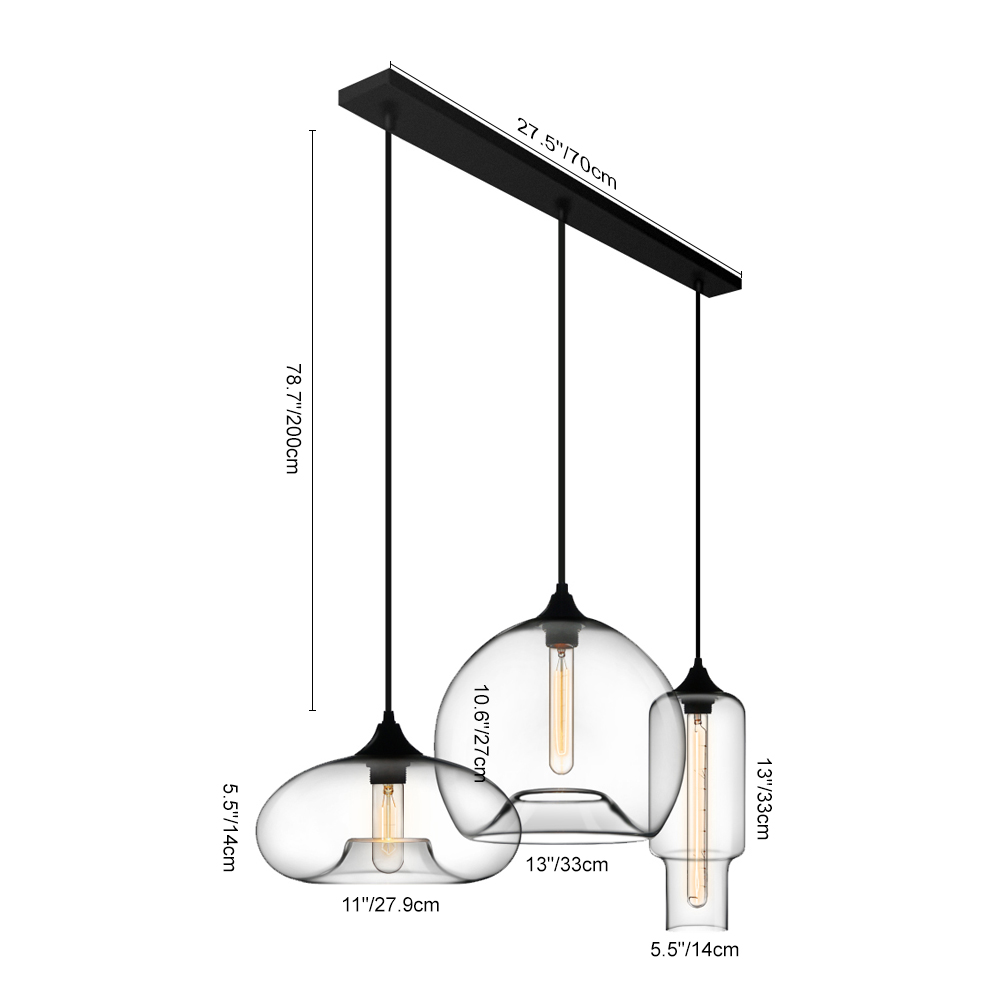 Modern 3 Light Linear Cluster Pendant Light with Clear Glass Shade for ...