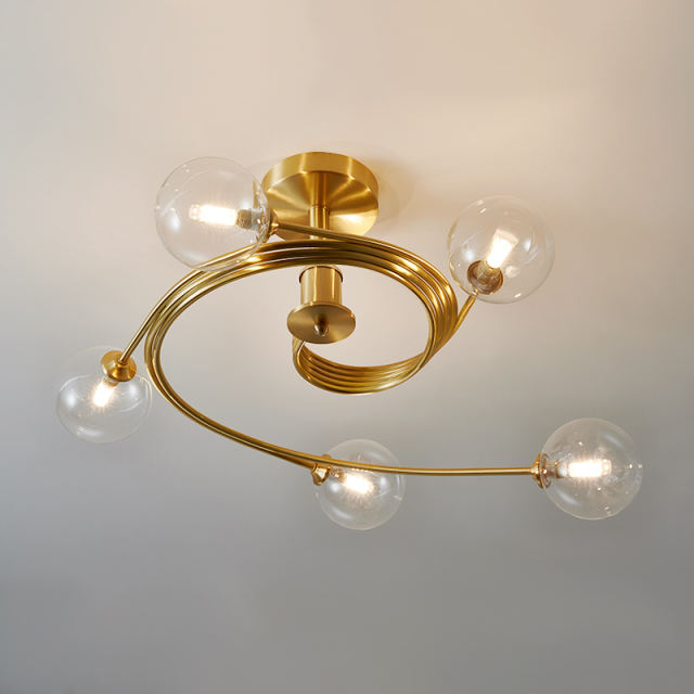 Brass Swirl Modern 5-Light Spin Ceiling Light with Clear Glass Globe ...