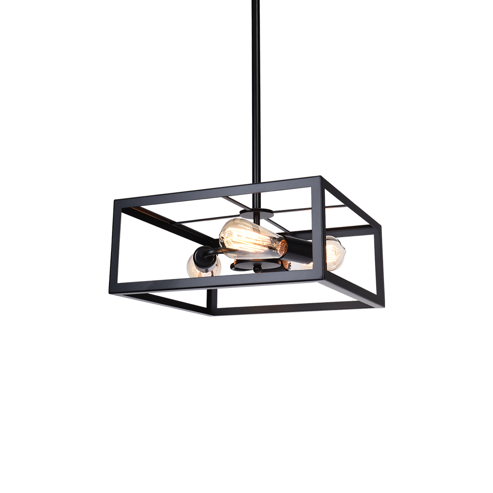 Mid Century Modern 3 Lights Black Square Chandelier Metal Frame Pendant ...