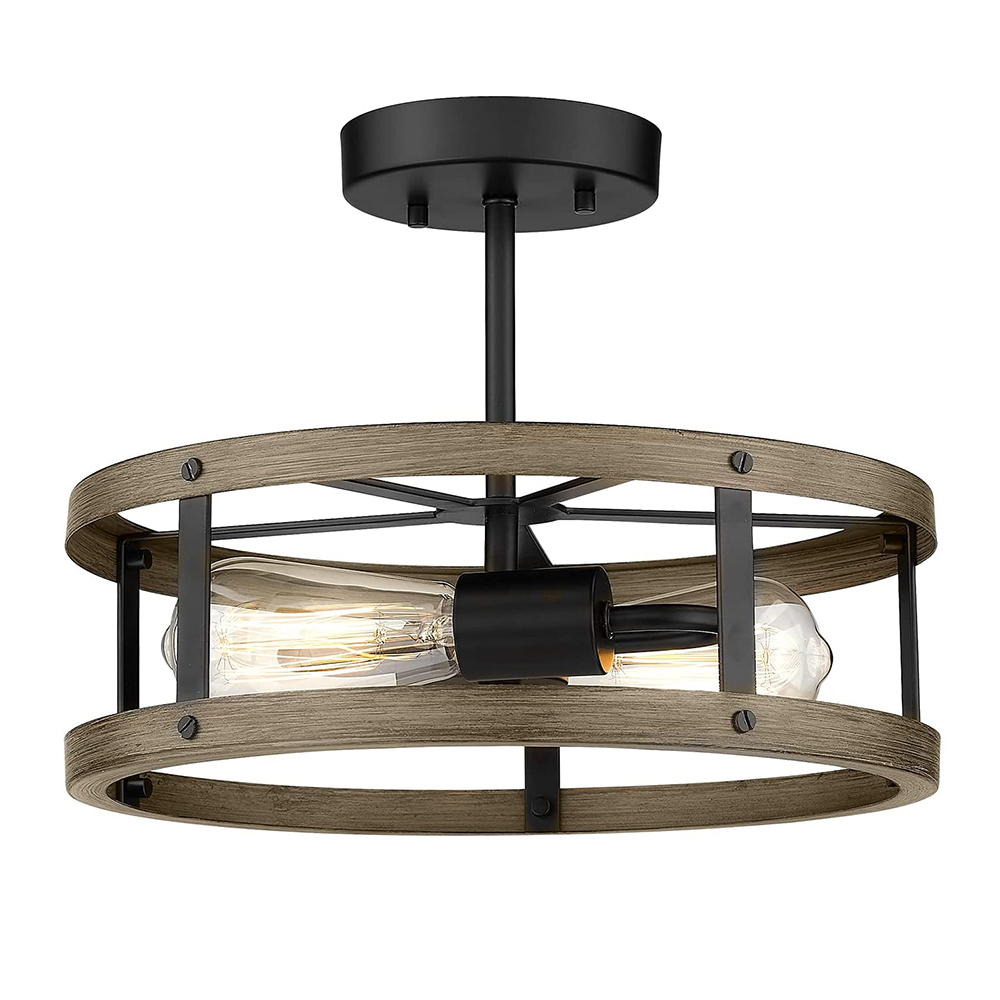 Modern Farmhouse Industrial Drum Semi Flush Mount Wood Open Cage ...