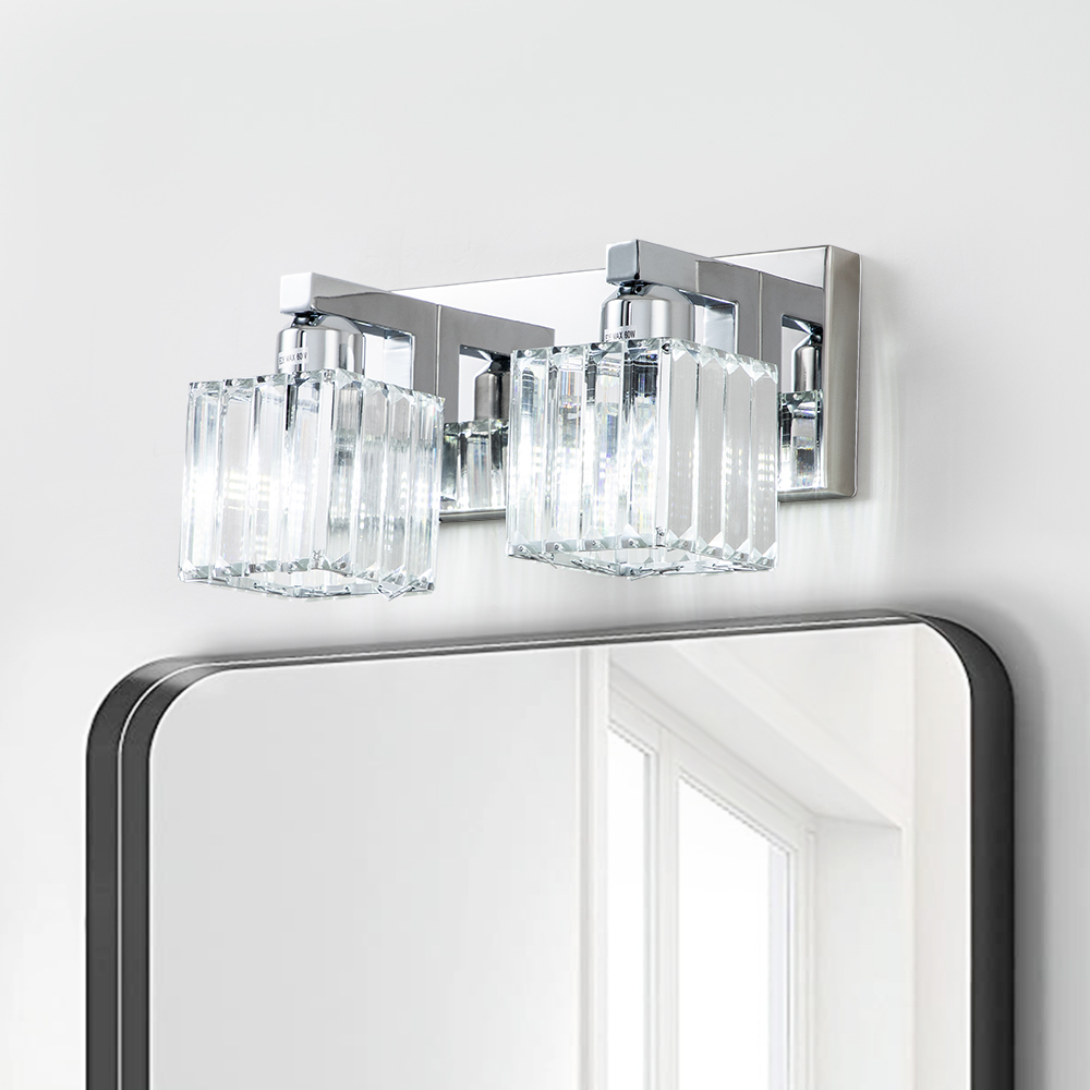 2-Light Modern Dimmable Wall Sconce with Crystal Square Shade Bathroom ...