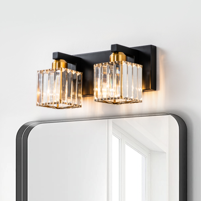 2-Light Modern Dimmable Wall Sconce with Crystal Square Shade Bathroom ...