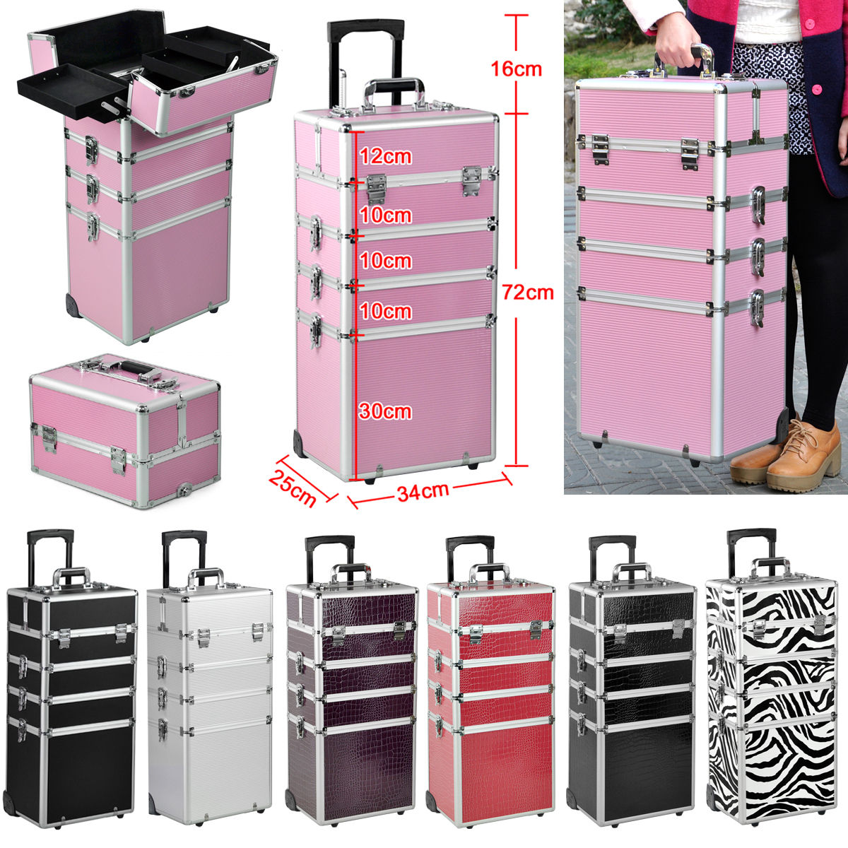 Rolling Makeup Case Trolley 2 in 1 Travel Cosmetic Train Cases on ...