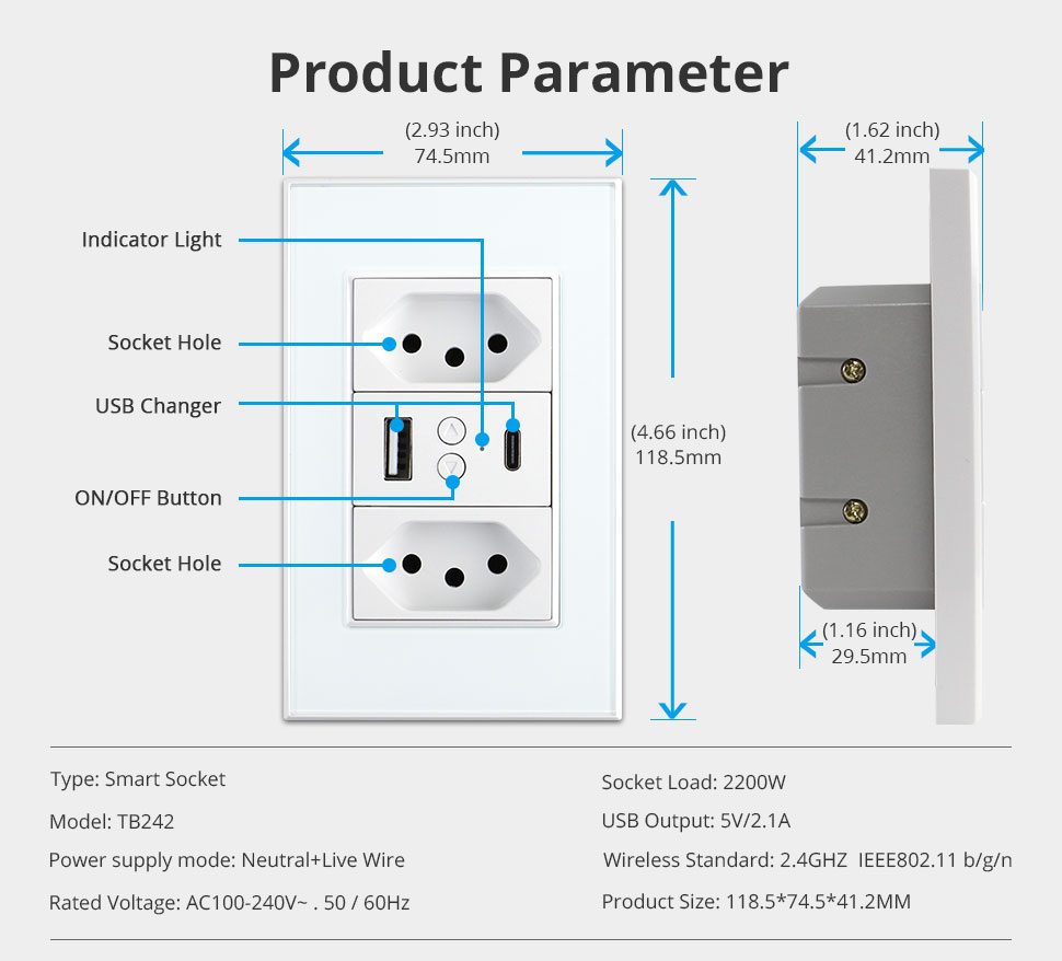Zemismart Tuya WiFi Smart Brazil Socket with USB Port Type-C Two Brazil ...