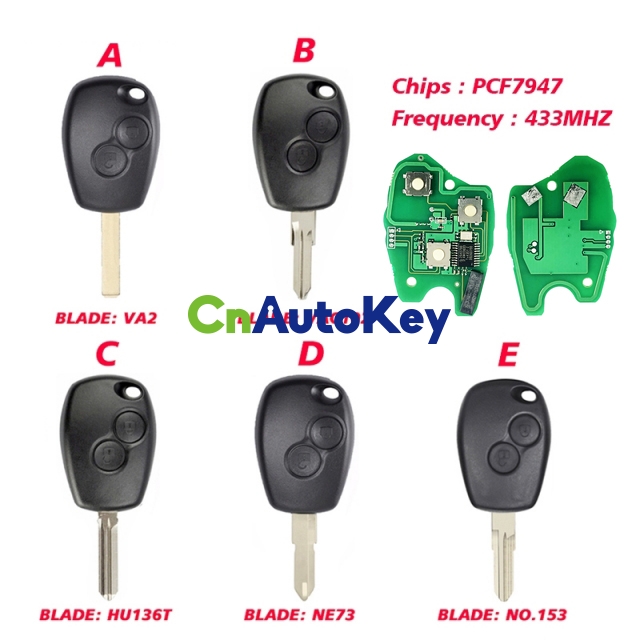 Full Remote Key 433MHz 2 buttons Keyless Entry Fob for Renault Megane ...