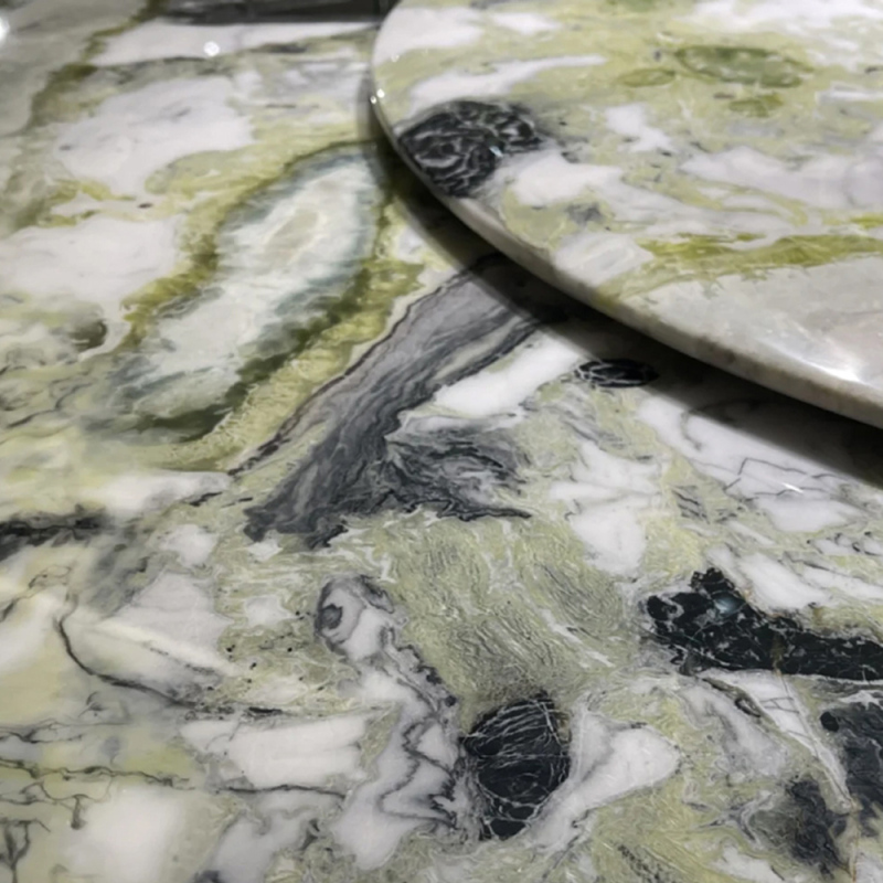 Luxurious Cold Jade Marble Round Dining Table with Gold Accents