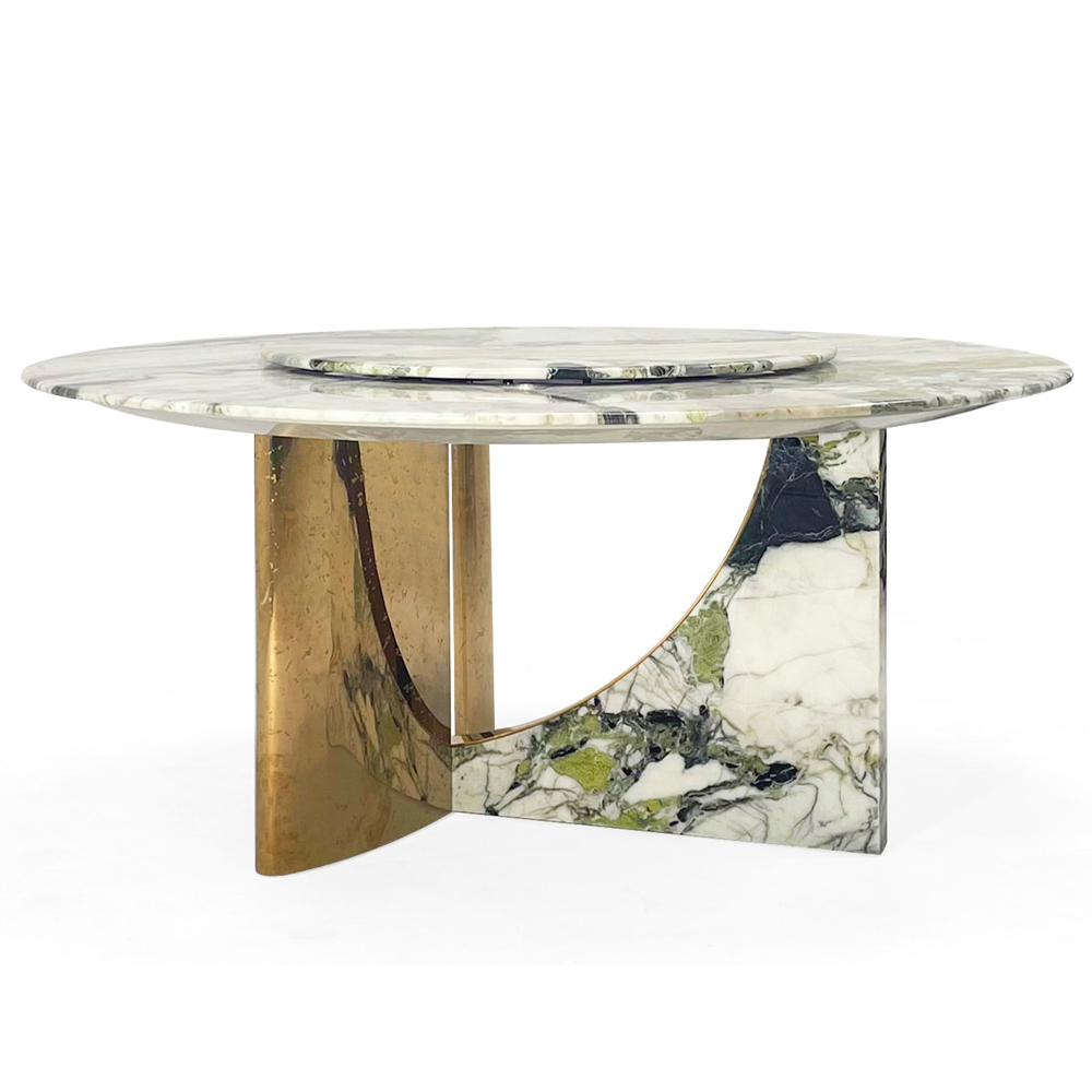 Luxurious Cold Jade Marble Round Dining Table with Gold Accents