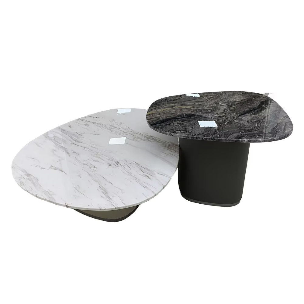 Modern Irregular-Shaped Marble Coffee Table Set with Metal Frame