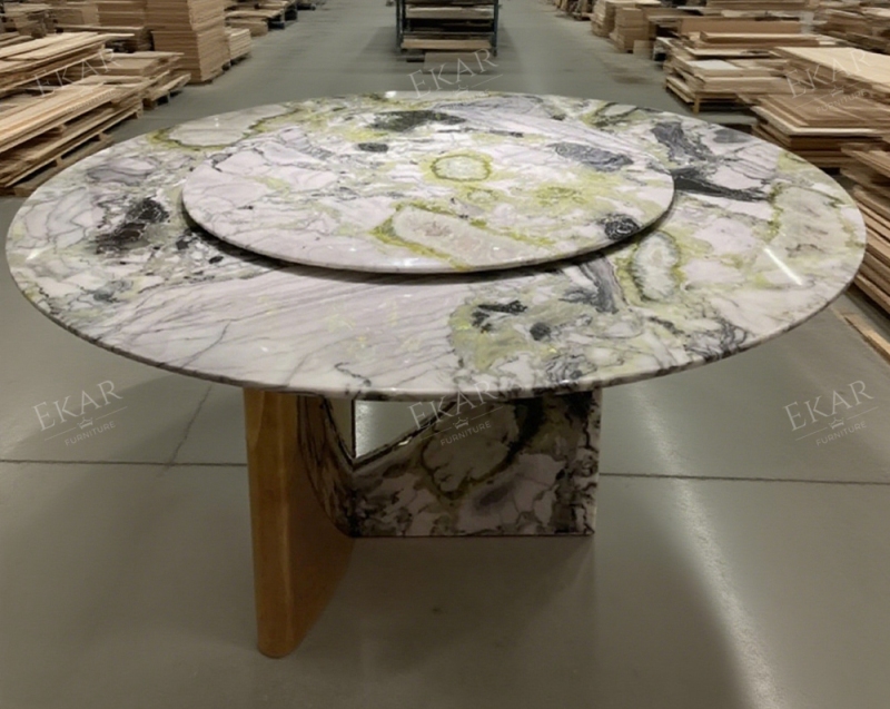 Luxurious Cold Jade Marble Round Dining Table with Gold Accents